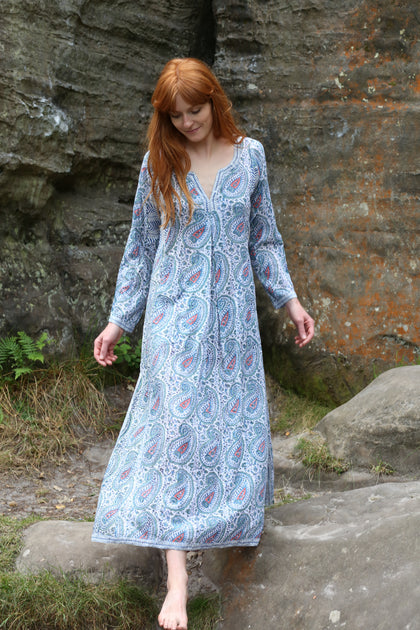 Jugnu Kaftan Hand Block Printed In Pure Cotton Soft Green Paisley with ...