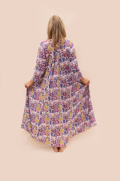 Nalada Dress With Sleeve Hand Block Printed In Pure Cotton Sunset Jard ...