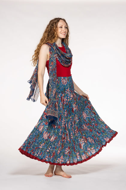 50 Panel Skirt in Pure Hand Block Printed Cotton Majestic Floral – Nila ...