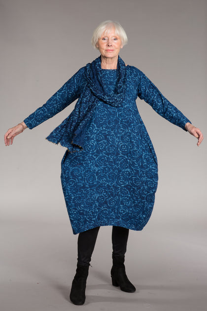 Farah Dress Hand-Block Printed Indigo Swirl Moss Crepe Sustainable ...