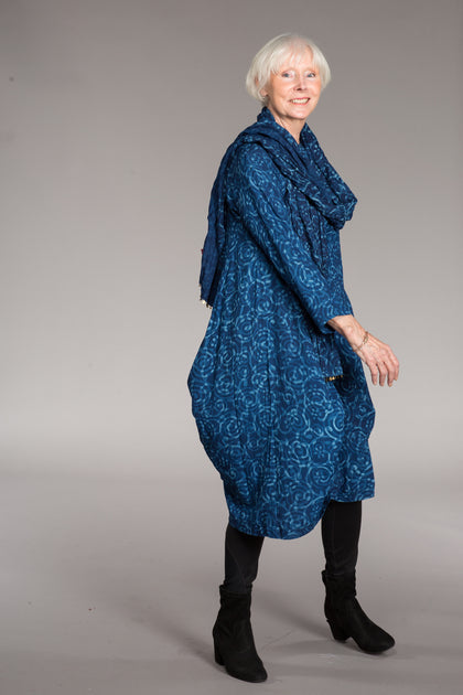Farah Dress Hand-Block Printed Indigo Swirl Moss Crepe Sustainable ...