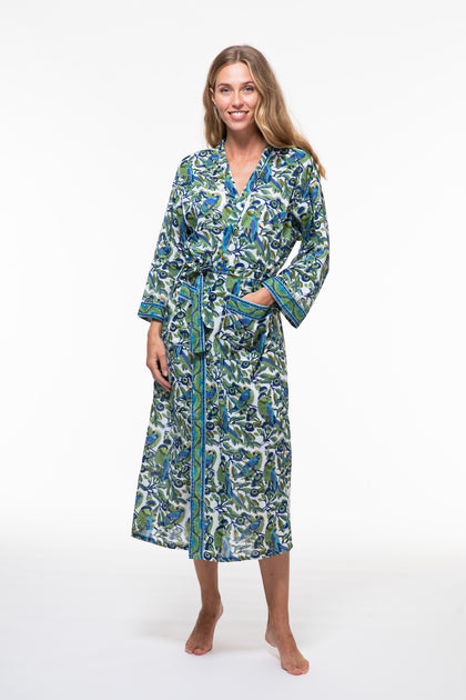 Nila's Dressing Gown Hand Block Printed Parrot Jungle Print Pure Cotto ...
